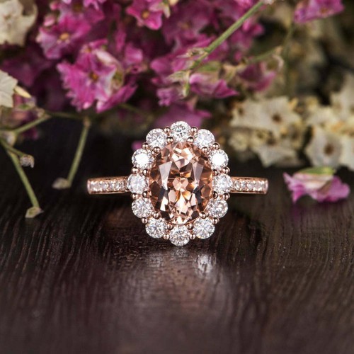 14K Rose Gold Plated 3Ct Peach Oval Shape Simulated Halo Anniversary ...
