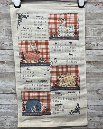 Vintage Linen Retro Wall Hanging Calander 1985 Country Bunny Duck Cat ...