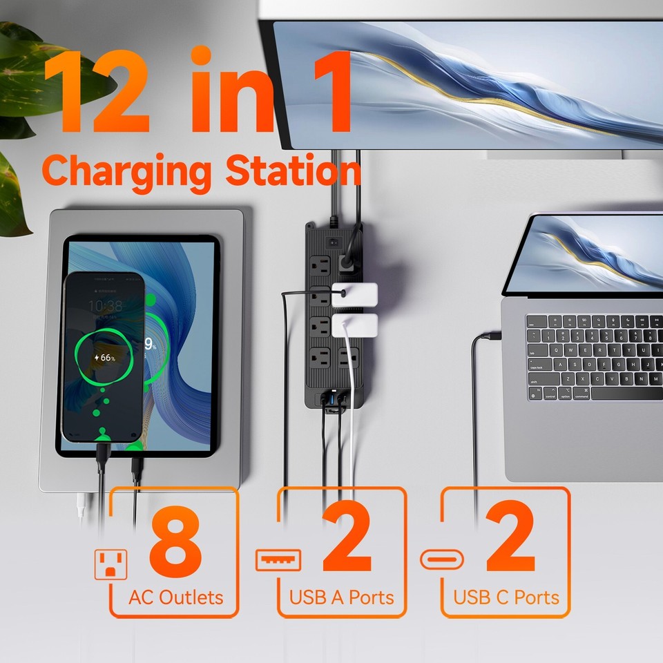 Flat Plug Power Strip: 8 Outlets, 4 USB (2A+2C), 5ft/10ft Cord for Home ...