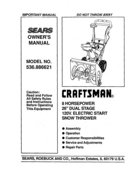 Owner’s Manual Sears Craftsman 8.0 HP 26” Snow Thrower Blower -Model 536.886621 | eBay