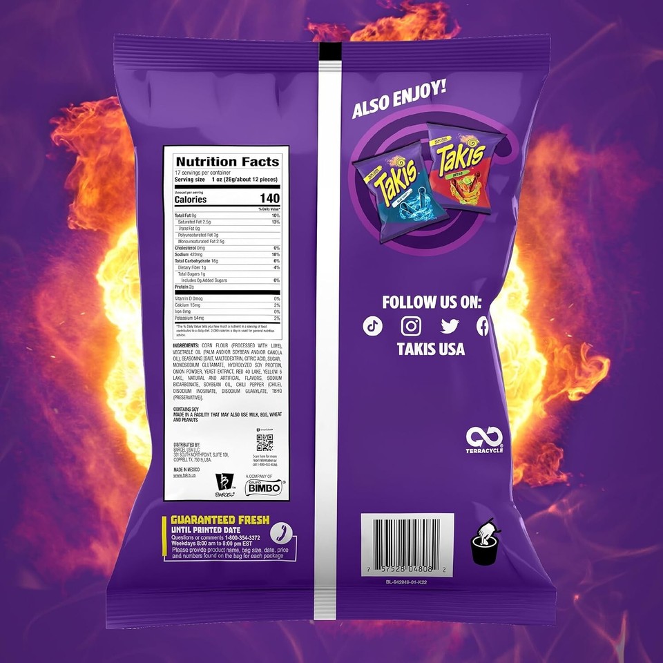 Takis Fuego 17 oz Fiesta Size Bag, Hot Chili Pepper & Lime Flavored ...