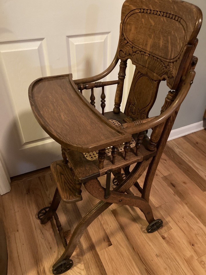 Antique Oak High Chair And Stroller Combination Chair W/ Wicker Seat | eBay