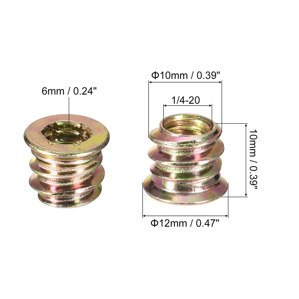 1/4-20 x 10mm Threaded Inserts Nuts, 100pcs Wood Insert Nuts with Hex ...