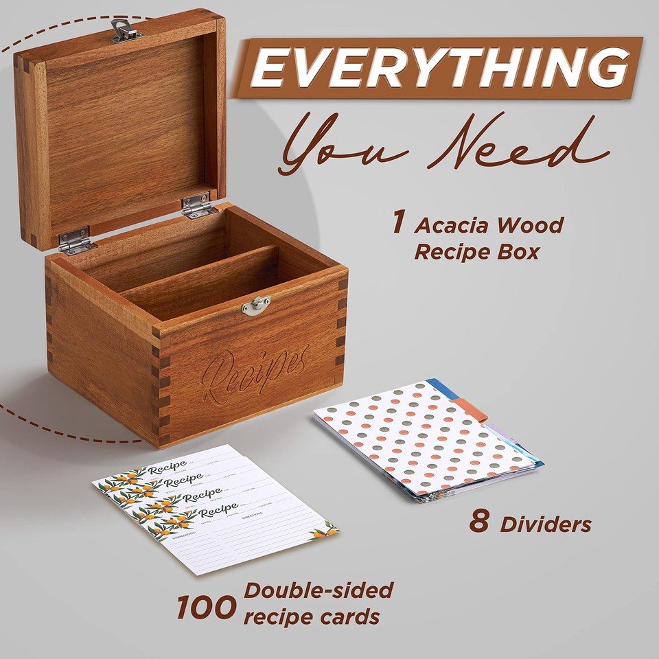 Tidita Acacia Wood Recipe Box w/ 100 4x6 Cards, 8 Dividers - Wooden | eBay