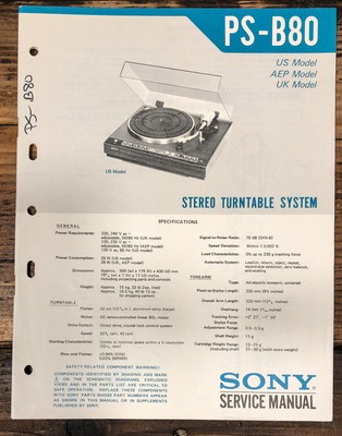 Sony PS-B80 Record Player / Turntable Service Manual *Original* | eBay