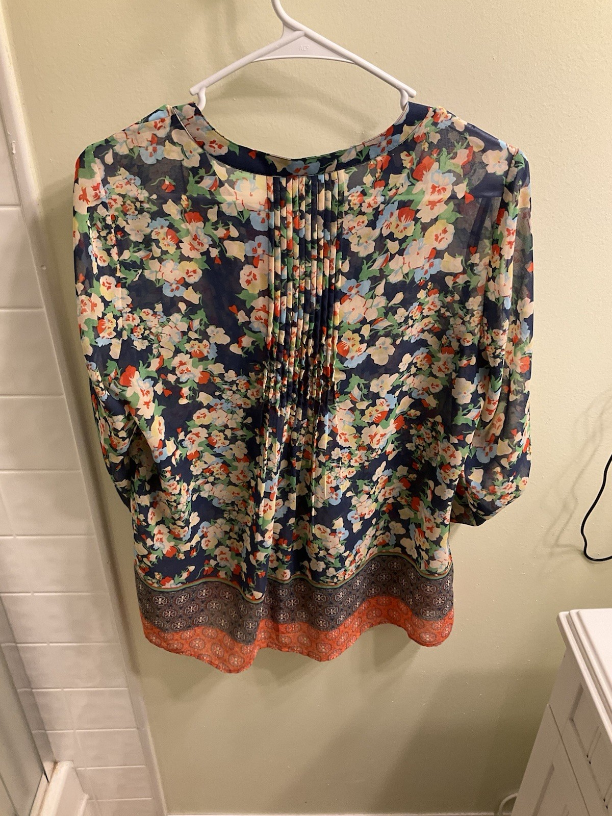 Daniel Rainn sheer blouse roll tab sleeve size small floral blue 1/4 ...