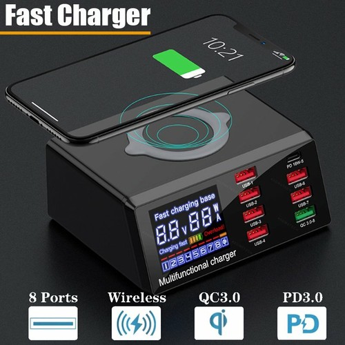 100W 8 Ports USB Charger Quick Charge Fast Wireless Charging Station ...