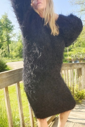 Extra fuzzy long black hair hand-knit sweater dress LARGE | eBay