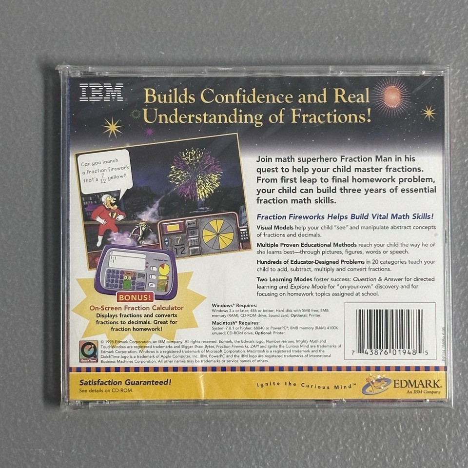 1998 IBM Bigger Brain Bytes Fraction Fireworks PC Game Math Skills CD ...