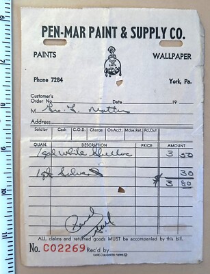 PEN-MAR PAINT & SUPPLY COMPANY RECEIPT GEO F MOTTERS YORK PA 1950S ...