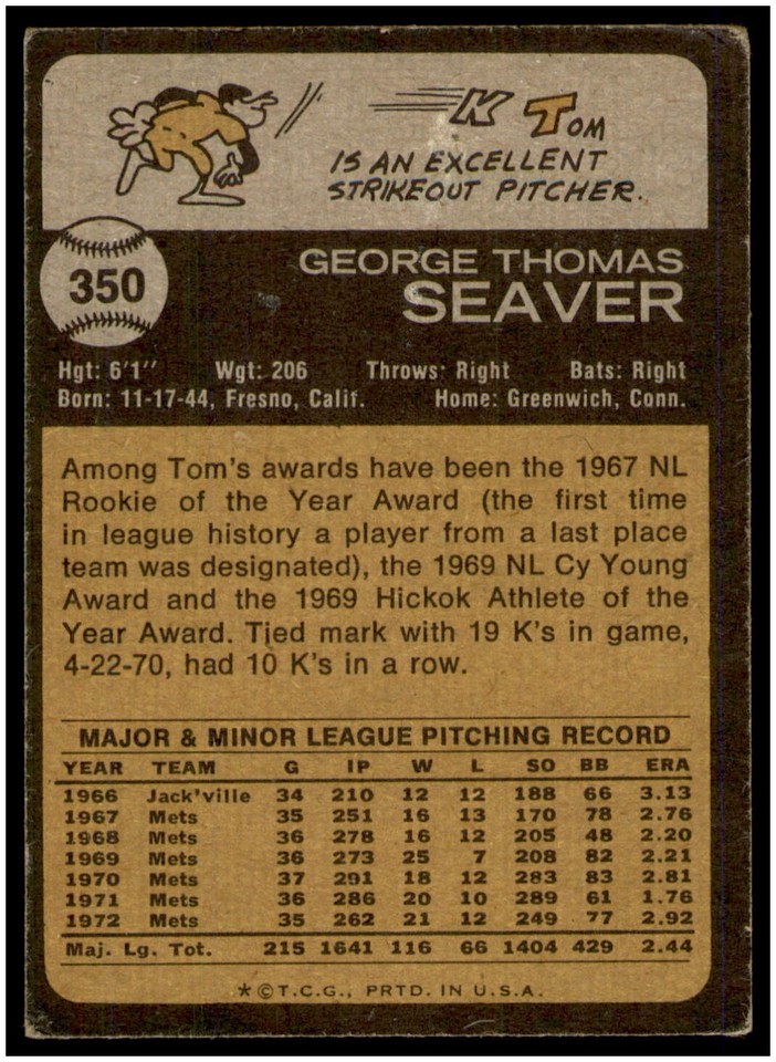 1973 Topps #350 Tom Seaver VGEX BX9A | eBay