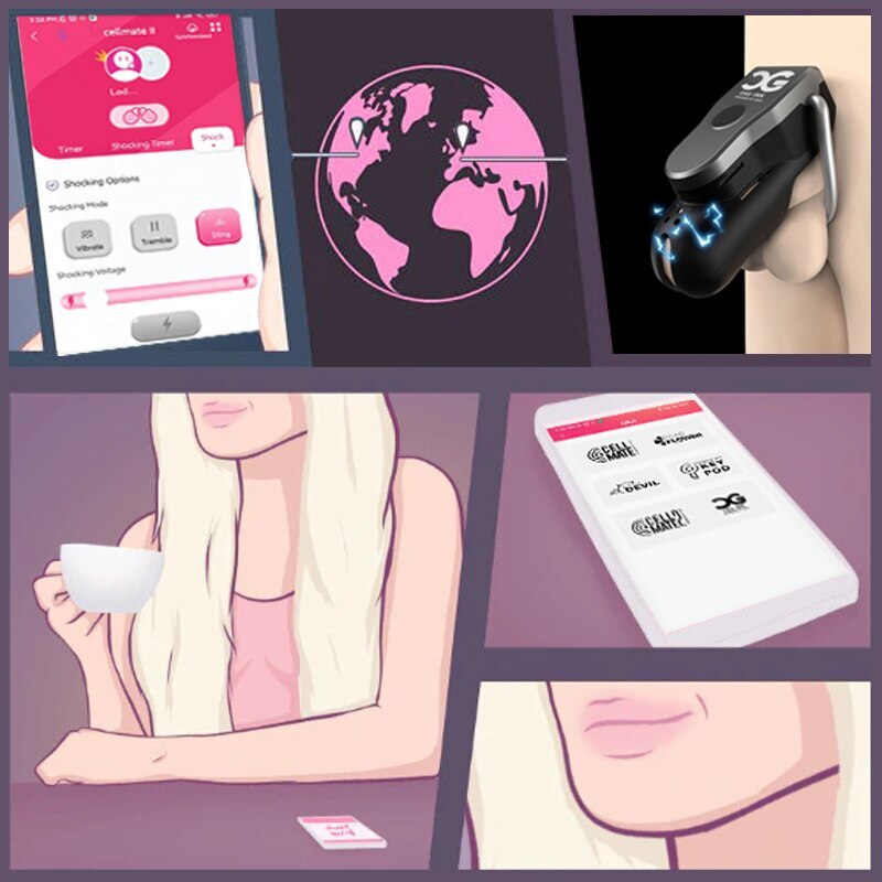 QIUI 2 Electri Shock Cage APP Remote Control Ring Device Male Chastity ...