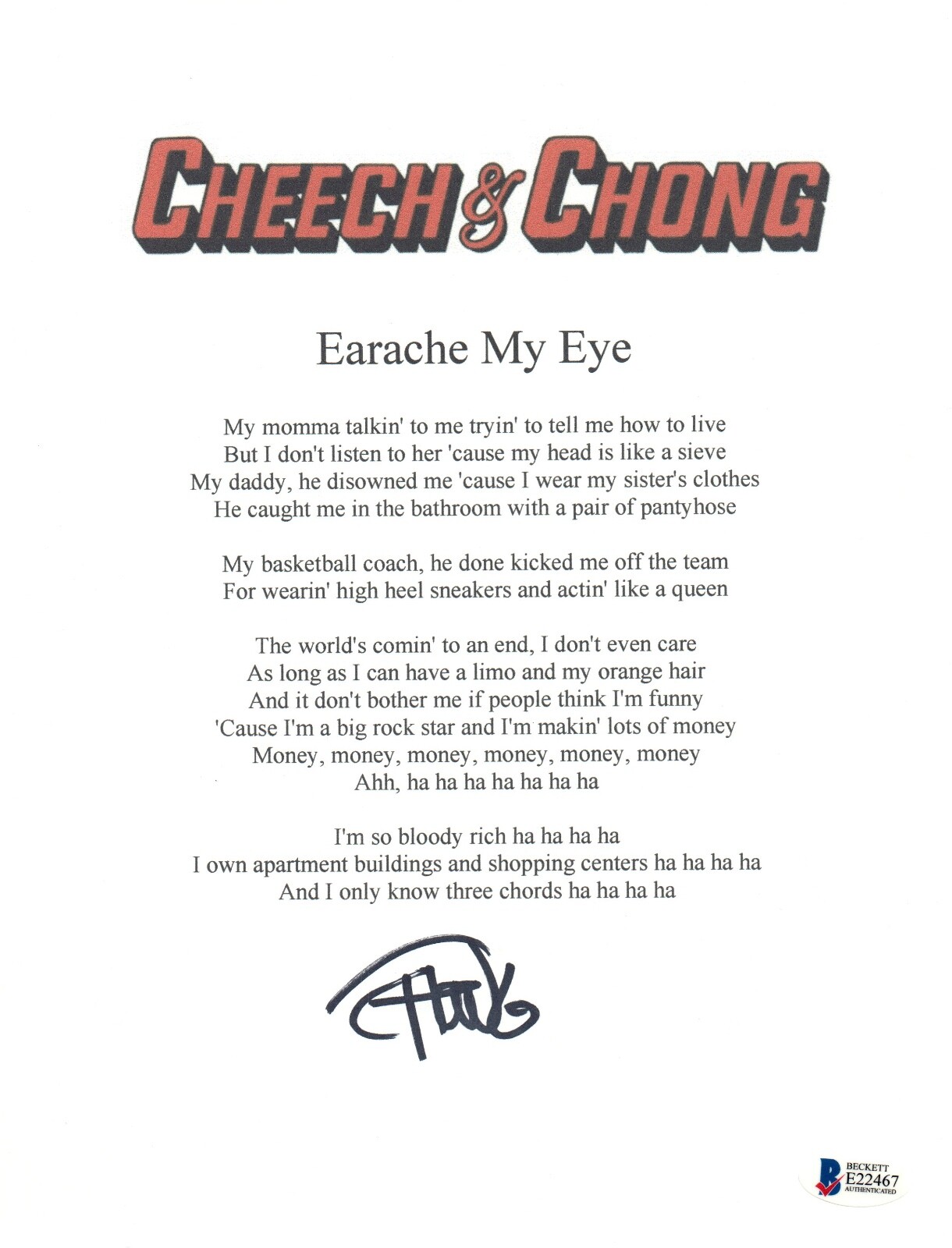 Tommy Chong Signed Cheech & Chong's "EARACHE MY EYE" Lyric Sheet ...