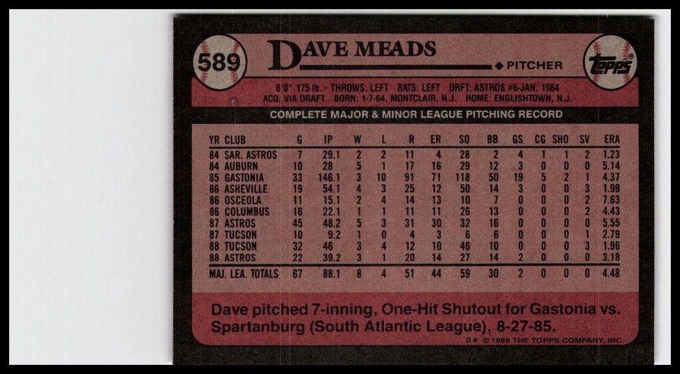 1989 Topps #589 Dave Meads Houston Astros | eBay