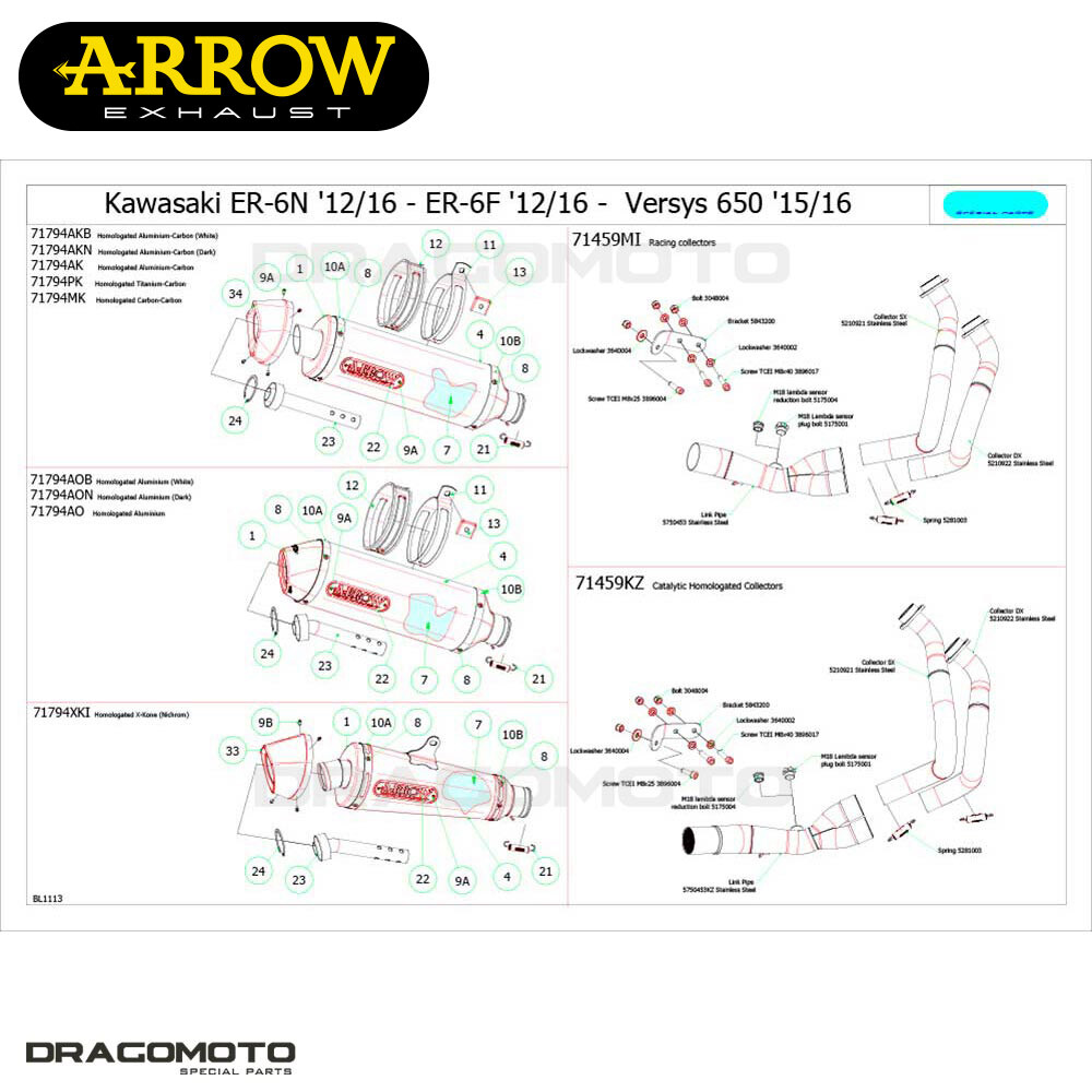 Full exhaust KAWASAKI VERSYS 650 2015 2016 ARROW Carbon CC Kat RACE ...
