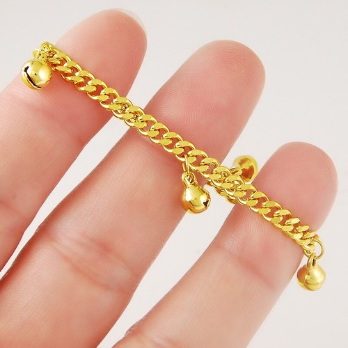 24K Gold Plated 3MM Classic Chain Bell Pendant Bracelet For Women ...