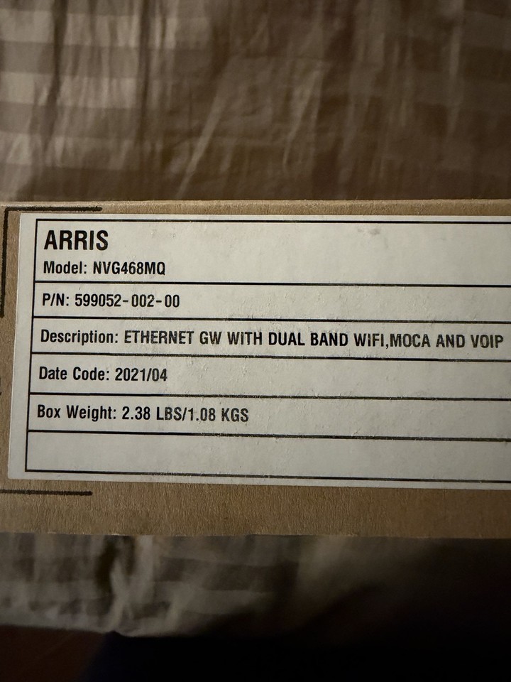 Arris Frontier Ethernet Gateway Wi-Fi Modem Router NVG468MQ with ...