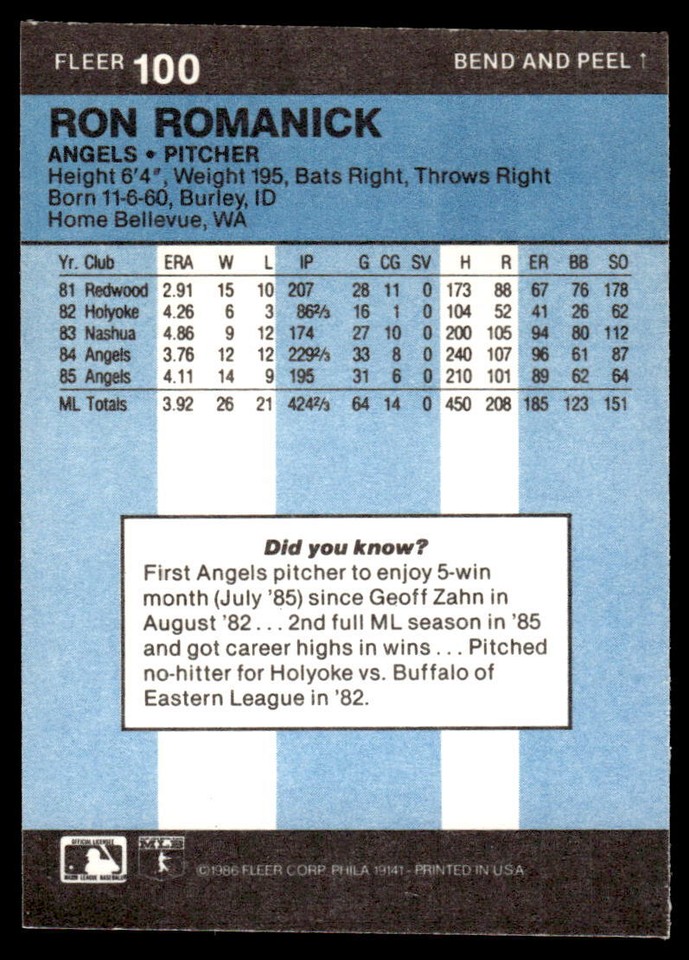 1986 Fleer Star Stickers #100 Ron Romanick - California Angels | eBay