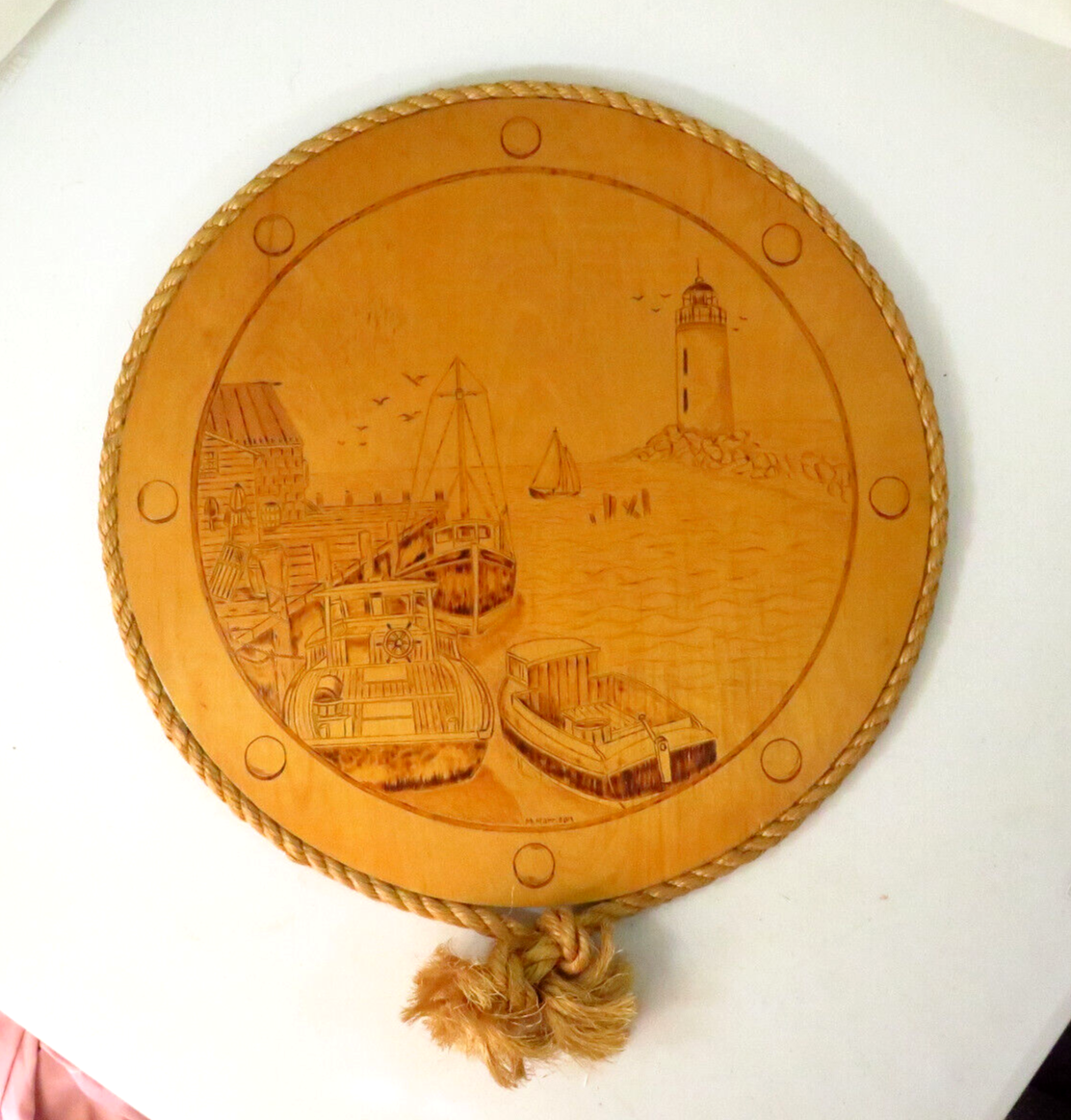 OOAK Vtg NAUTICAL BOAT SHIP Dock PYROGRAPHY Lighthouse Wood Burning Art ...