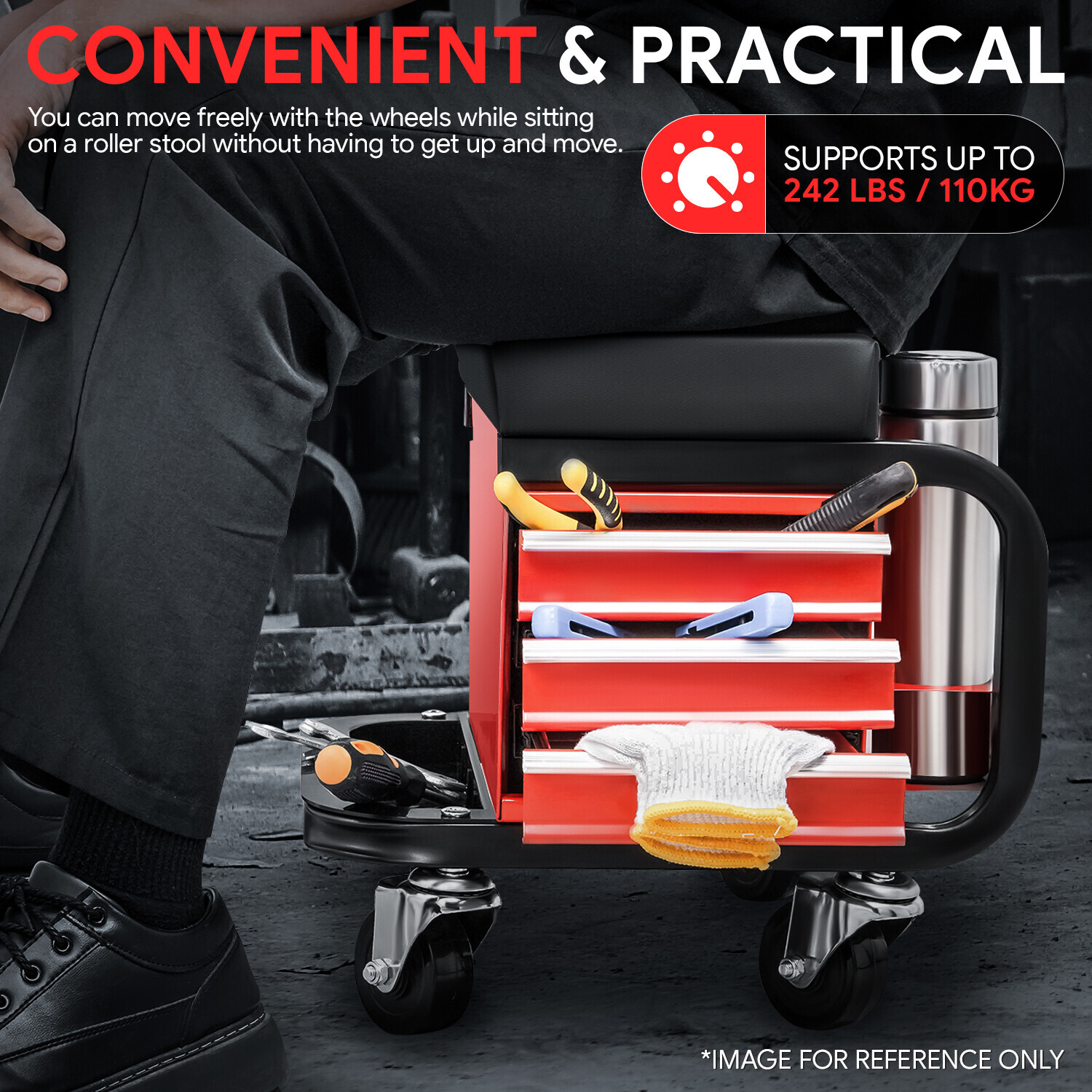 3-Drawer Garage Mechanics Roller Seat Stool Chair with Tool Tray ...