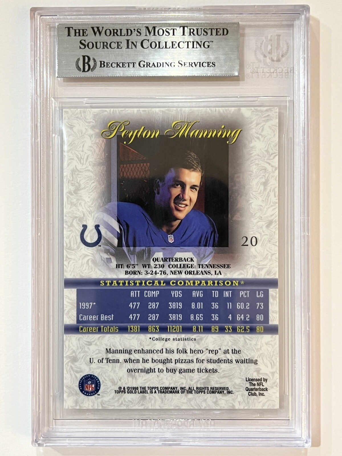 1998 Topps Gold Label PEYTON MANNING Rookie Class 1 Colts RC BGS 9🔥10 ...