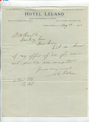 Vintage Letterhead HOTEL LELAND Cortland NY 1910 | eBay