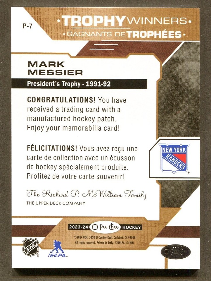 2023-24 O Pee Chee Mark Messier Presidents Trophy Winners Commemorative ...