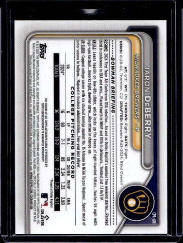 2024 Bowman Draft Jaron DeBerry Chrome Auto HTA Choice Refractor 1st ...