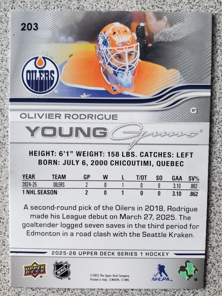 2025-26 UPPER DECK SERIES 1 HOCKEY YOUNG GUNS OLIVIER RODRIGUE OILERS ...
