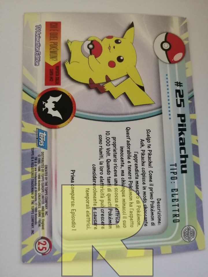 Pikachu 25 ® Topps Trading Cards 1999 Series 1 ® Pokemon ® Italian ...