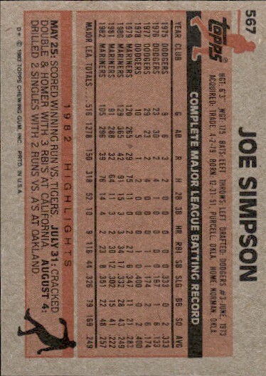 1983 Topps #567 Joe Simpson Seattle Mariners Baseball | eBay