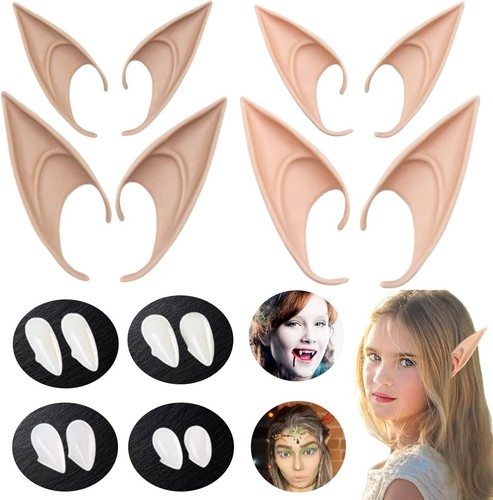 8 Pairs Elf Ears & Vampire Teeth Cosplay Halloween Accessories Pointed ...