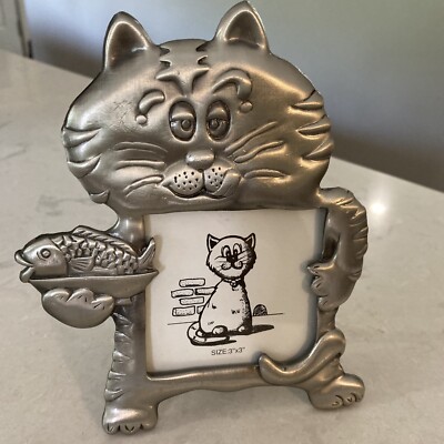 Pewter CAT with Fish on a Platter Photo Frame Holds 3x3 Photo Six Trees ...