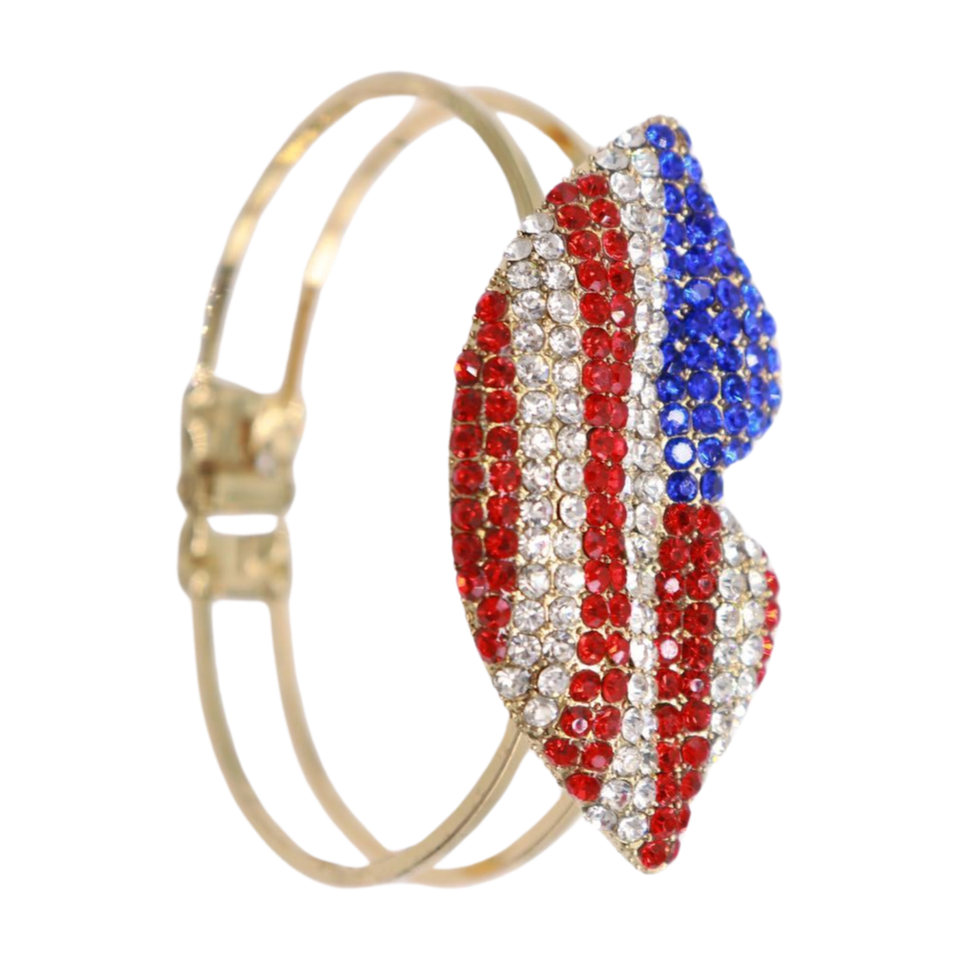 Women Gold Metal Cuff Bracelet Bling USA Flag Kiss Lips Holiday Present ...