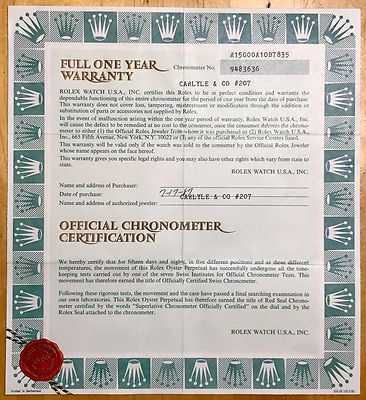 Rolex Certificate Oyster Perpetual DATE Stainless Steel 15000 1987 ...