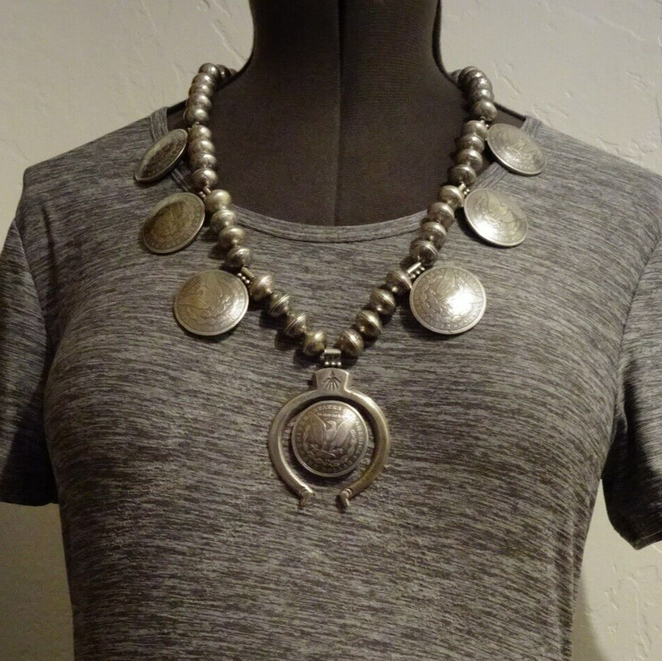 BUFFALO DANCER Coin Silver NECKLACE Mercury Dime BEAD Morgan Dollar ...