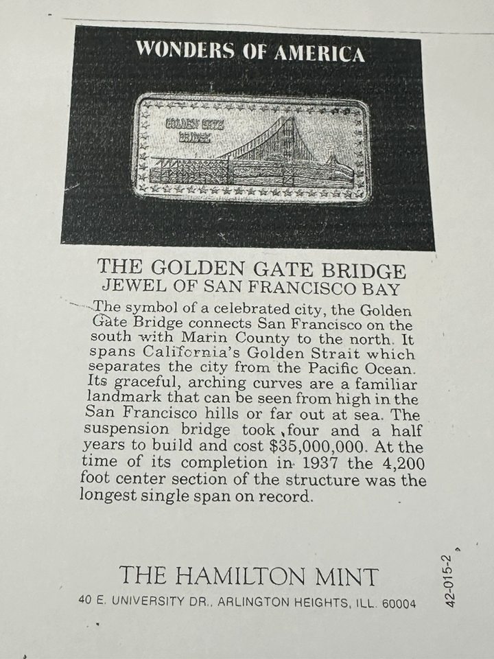 Wonders of America GOLDEN GATE BRIDGE 1 oz .999 Silver Art Bar SAN ...