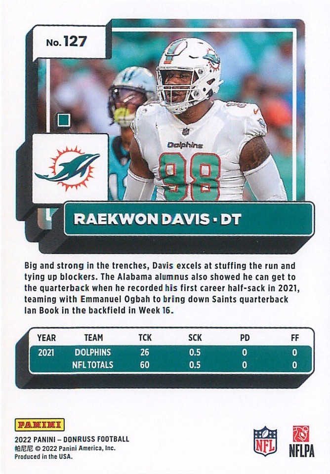 Raekwon Davis 2022 Panini Donruss Football NFL Base Card #127 Miami ...