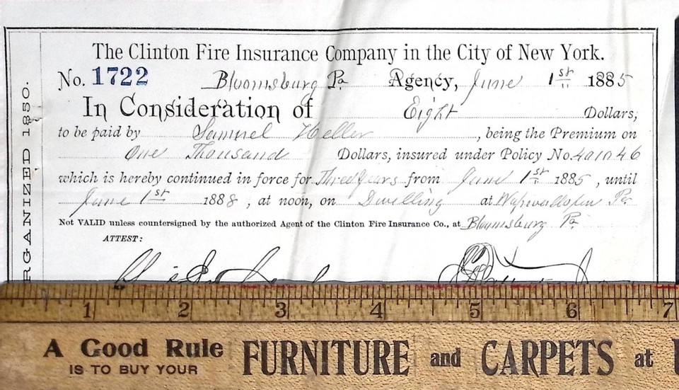 1885 Clinton Fire Insurance Company Bloomsburg Pennsylvania Policy ...