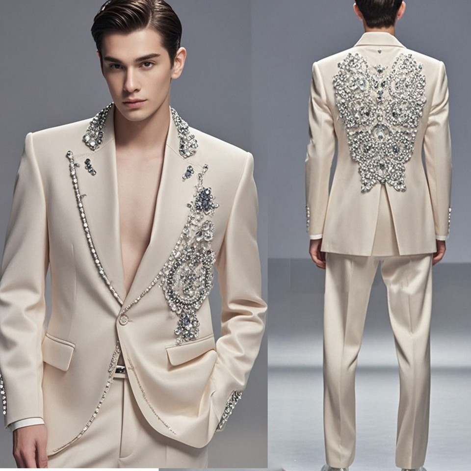 Rhinestone Bead Men Suit Slim Fit Wedding Prom Groom Tuxedos Peak Lapel ...