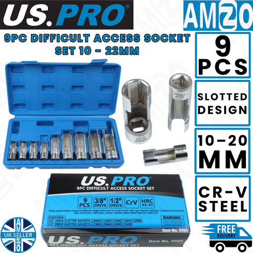 US PRO 9pc Difficult Access Socket Set 10–22mm 3/8 & 1/2 Dr Sensor Pipe ...
