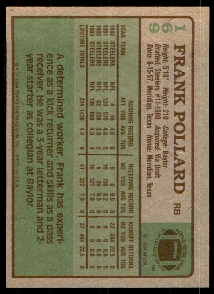 1984 TOPPS} FRANK POLLARD. PITTSBURGH STEELERS #169 | eBay