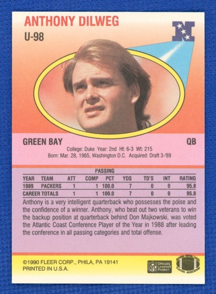 1990 Fleer Update Football # U-98 Anthony Dilweg Green Bay Packers NM ...