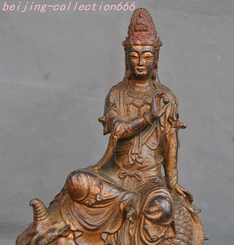 13.6'' Tibet bronze gilt ride Dragon fish Kwan-Yin GuanYin goddess ...