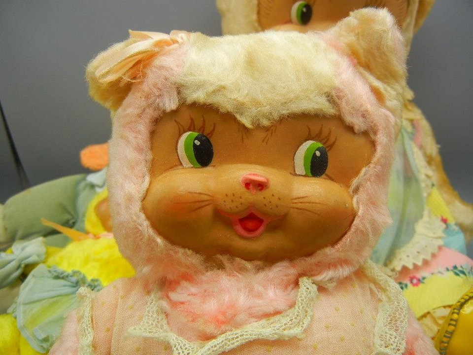 Vintage RUSHTON Plush Rubber Vinyl Molded Face *Mama Cat & 3 Kittens w ...