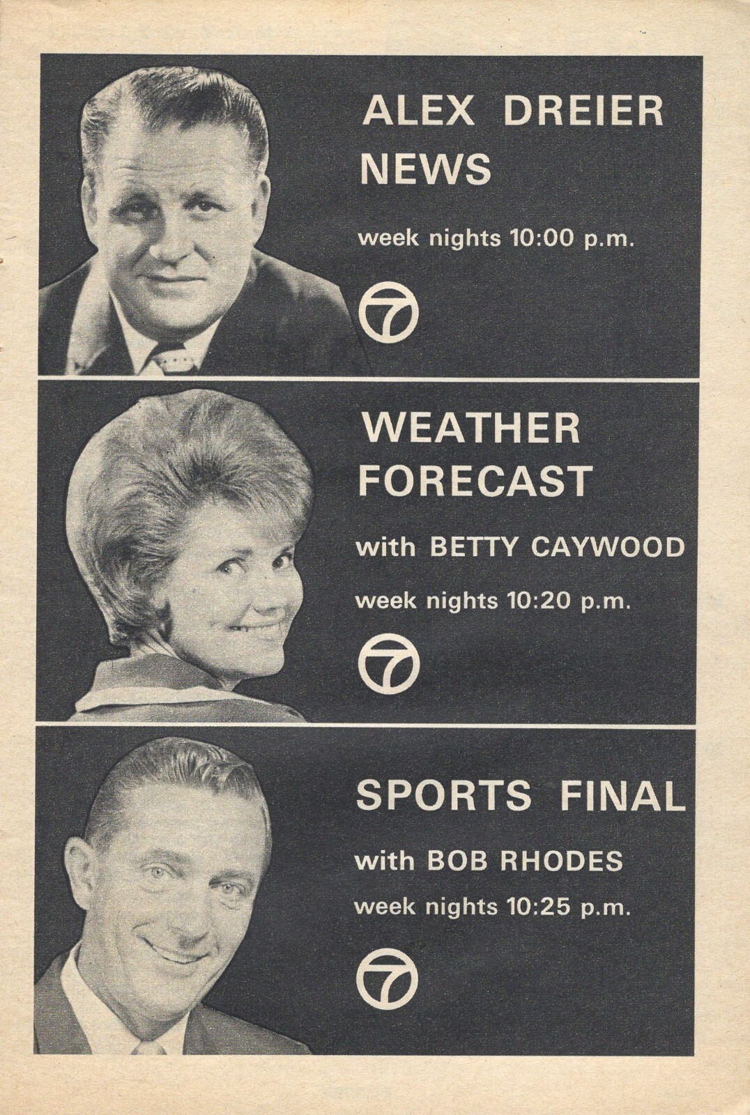 1963 WBKB CHICAGO TV NEWS AD~BETTY CAYWOOD WEATHER BOB RHODES SPORTS ...
