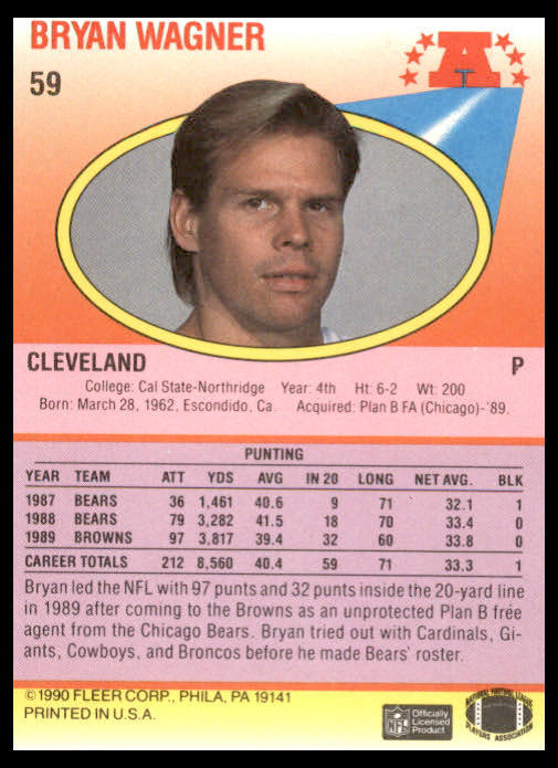 1990 Fleer #59 Bryan Wagner Cleveland Browns | eBay