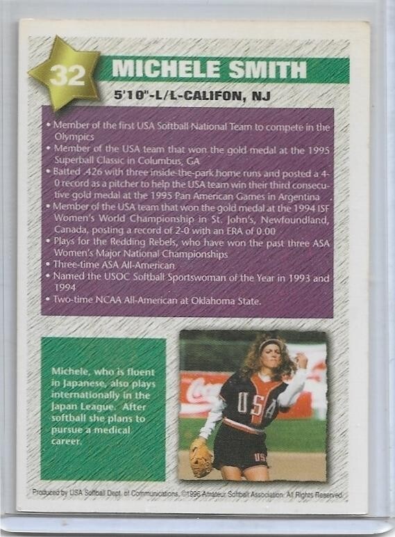 RARE 1996 ASA MICHELE SMITH USA WOMEN'S SOFTBALL TEAM CARD #32 ...