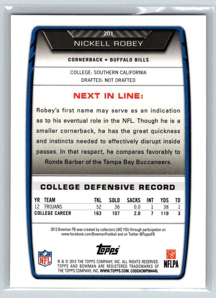 2013 Bowman - #201 Nickell Robey (RC) Bills | eBay