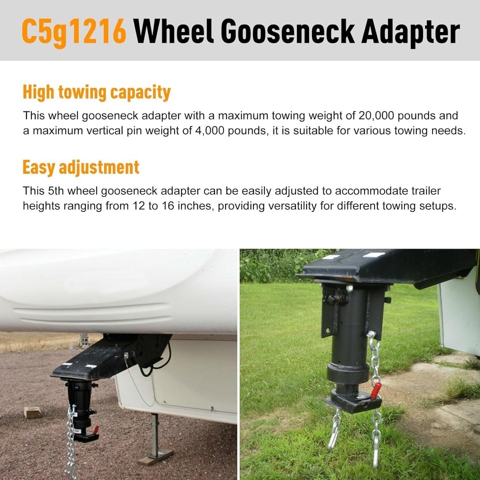 Adjustable Cushioned 5th Wheel Gooseneck Adapter 20000 lbs Height 12 ...